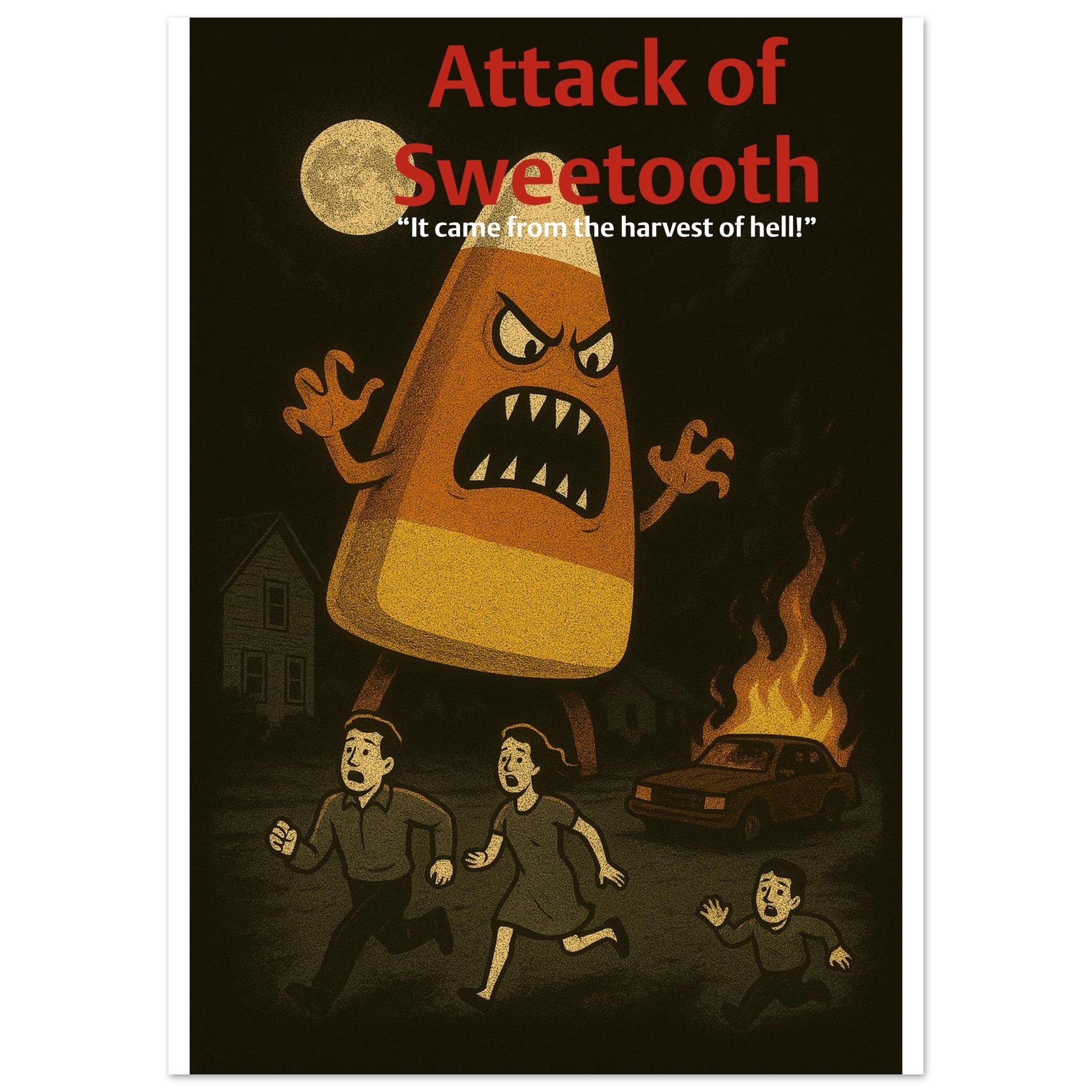 Vintage Horror-Style Candy Corn Monster Poster – Terrifying Halloween – PTMKTG